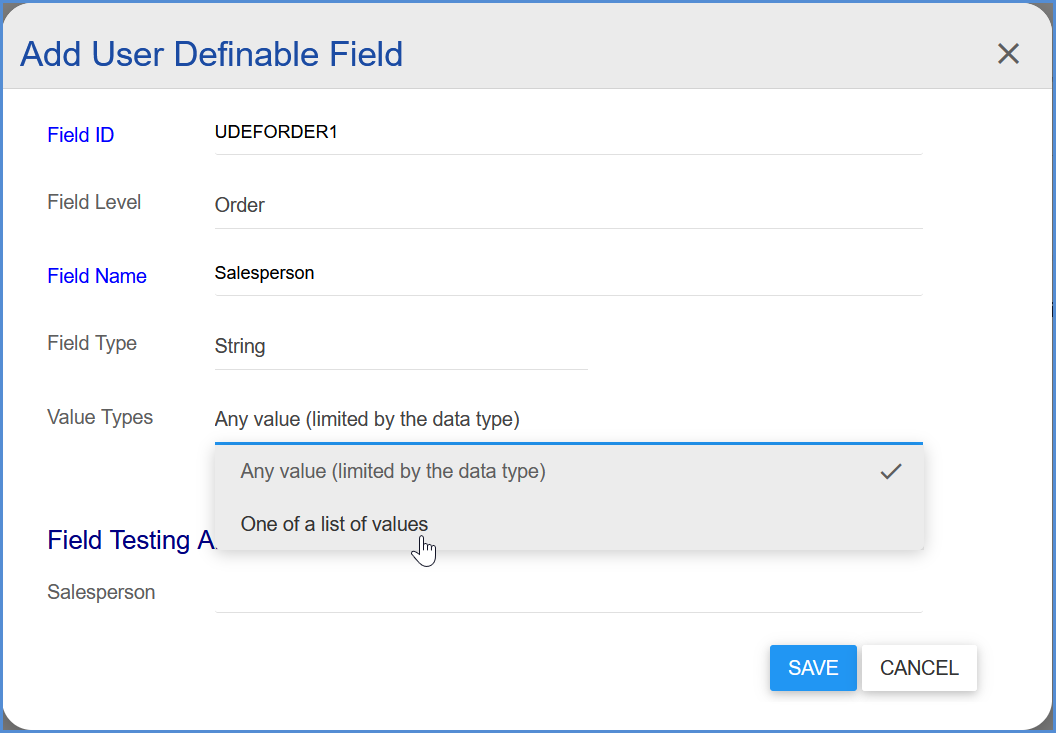 ApteanShip - Set Up User Definable Fields