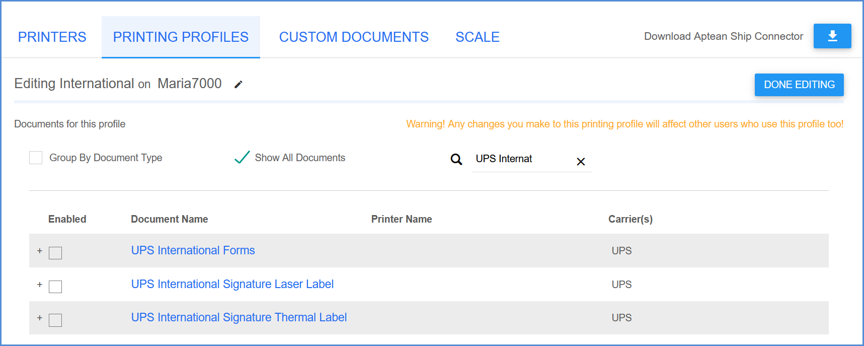 ApteanShip - UPS International Documents Setup