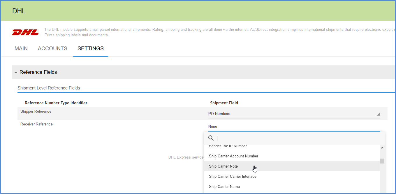 ApteanShip - DHL General Settings (Main)