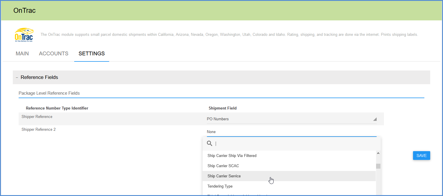 ApteanShip - OnTrac Settings